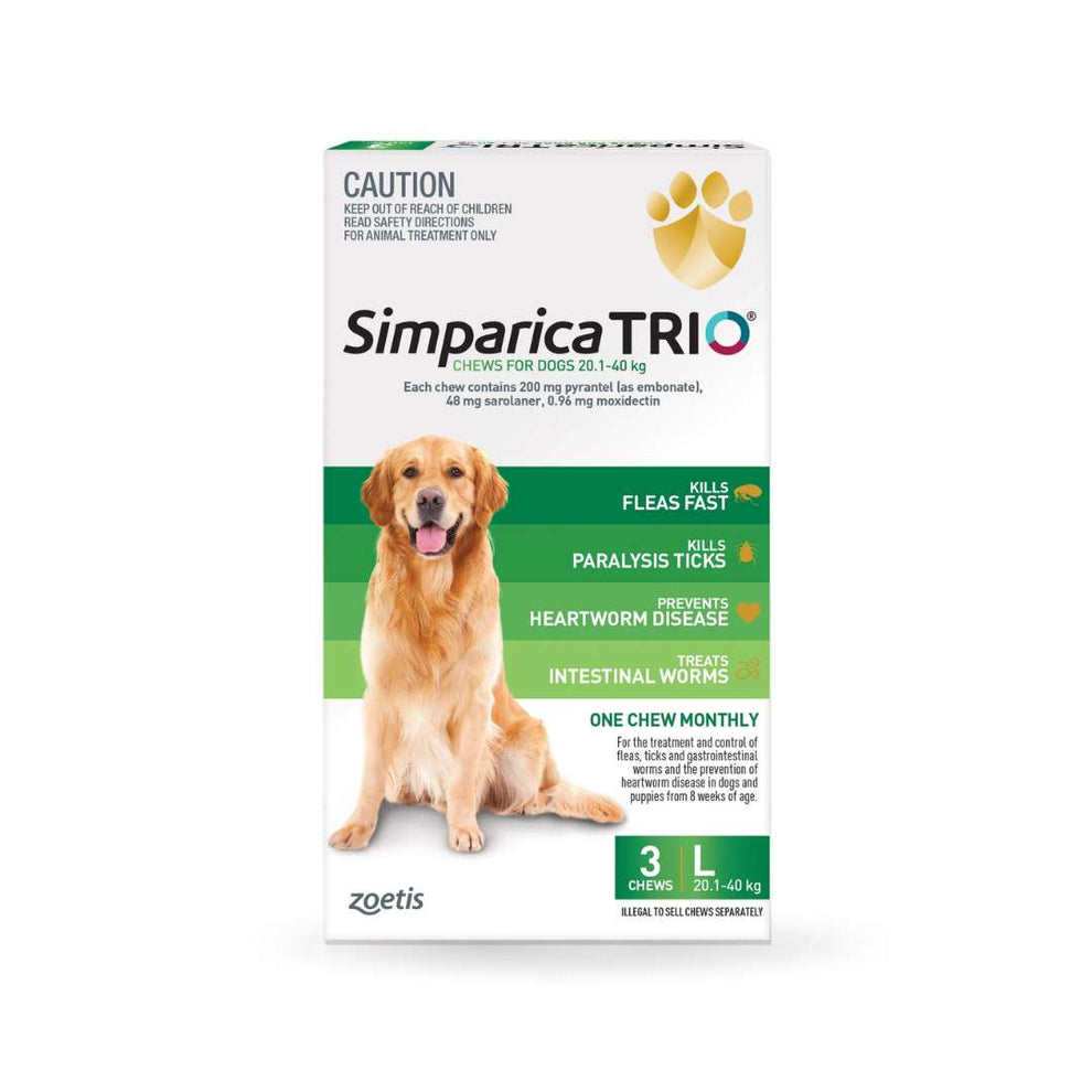 Simparica Trio Large Dogs – 3 & 6 Chew Packs | Flea, Tick & Worm Prevention